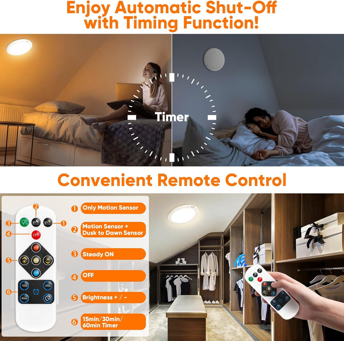 Nordic Hygge Rechargeable Motion Sensor Ceiling Light with Remote, 4 P
