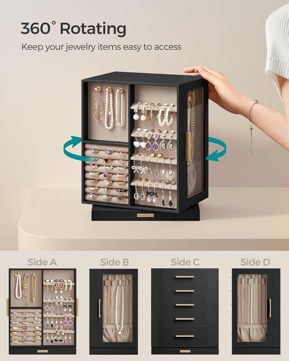 Nordic Hygge Jewelry Box 360° Rotating, Jewelry Storage Case with 5 Dr